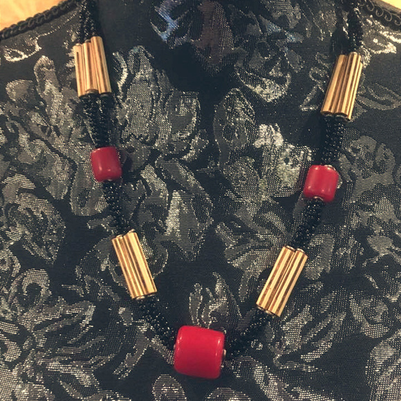Jewelry | Red Black Bead With Bamboo Necklace | Poshmark